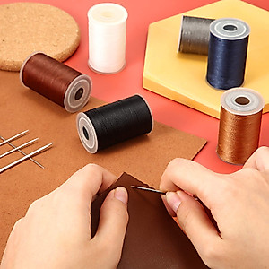 6 Rolls Strong Upholstery Thread High Strength Sewing Waxed Thread with Hand Stitching Needle Set for Denim Leather Craft DIY Machine (White, Black, Light Grey, Dark Blue, Khaki, Coffee, 0.55 mm)