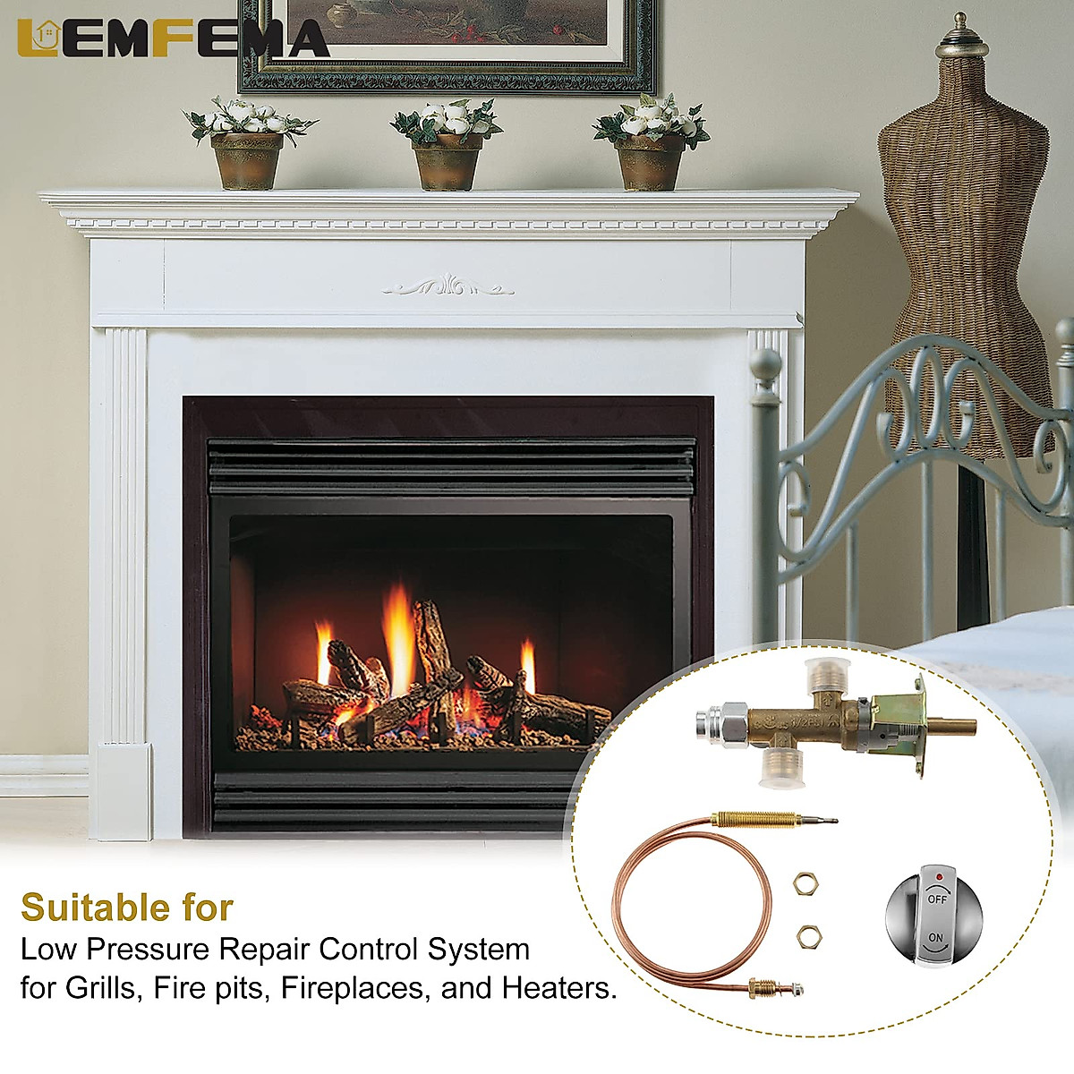 Lemfema Low Pressure LPG Propane Gas Fireplace Fire Pit Flame Failure Safety Control Valve with Thermocouple Knob Switch Kit with 5/8”-18UNF(3/8" Flare Inlet & Outlet) for Propane Fire Pit, Fireplace