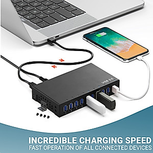 USB 10 Port Hub - Powered USB 3.0 Hub - Aluminum USB Data HUB Splitter 12V 5A 60W Power Adapter Extension for Mouse, Keyboard, HDD or More USB Devices