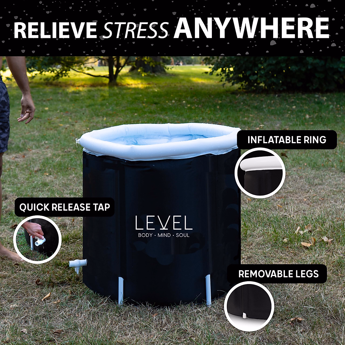Level Body Mind Soul - Portable Ice Bath with Cover included - Ice Bath for athletes, post-workout recovery Cold Therapy - Can help improve Sleep and your general Wellbeing - 29x29 Inches