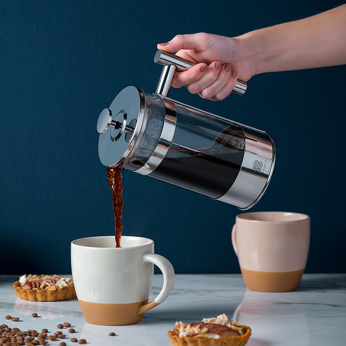 BENI SOIS-TU 34 oz French Press Coffee Maker - Borosilicate Glass, Coffee Brewer, Stainless Steel Plunger, Tea Press for loose Tea, Heat Resistant, Silver