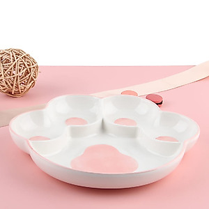 HOKMOKQOK Porcelain Divided Serving Dishes,Ceramics Cat Paw Relish Tray,Candy bowl,Cute Compartment Serving Bowls for Party Christmas Perfect for Chips and Dip, Veggies, Candy and Snacks Pink 8.5inch
