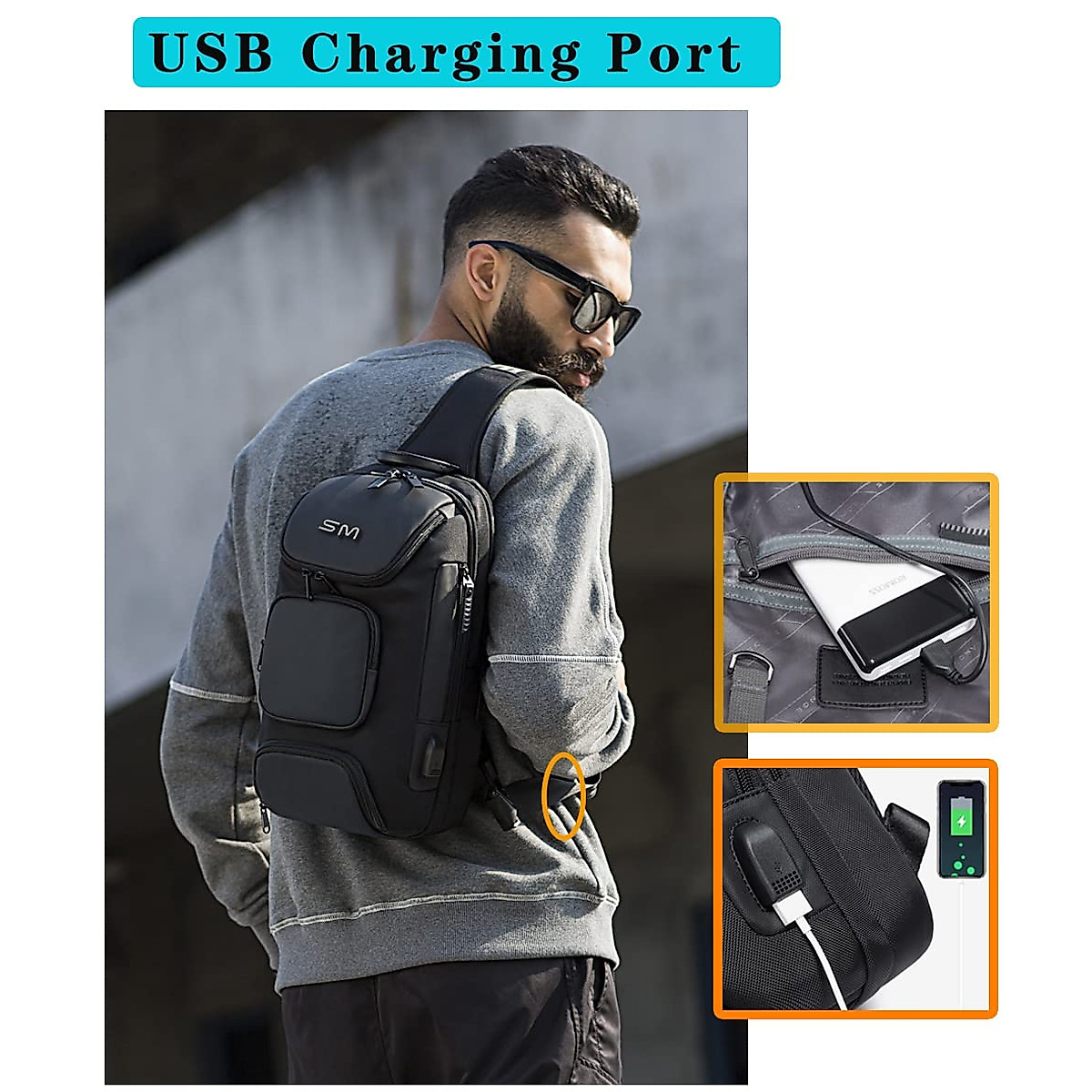 SMONT Sling Bag Crossbody Backpack Waterproof Men's Chest Bag with USB Charging Port Shoulder Casual Daypack for Cycling Fitness Walking