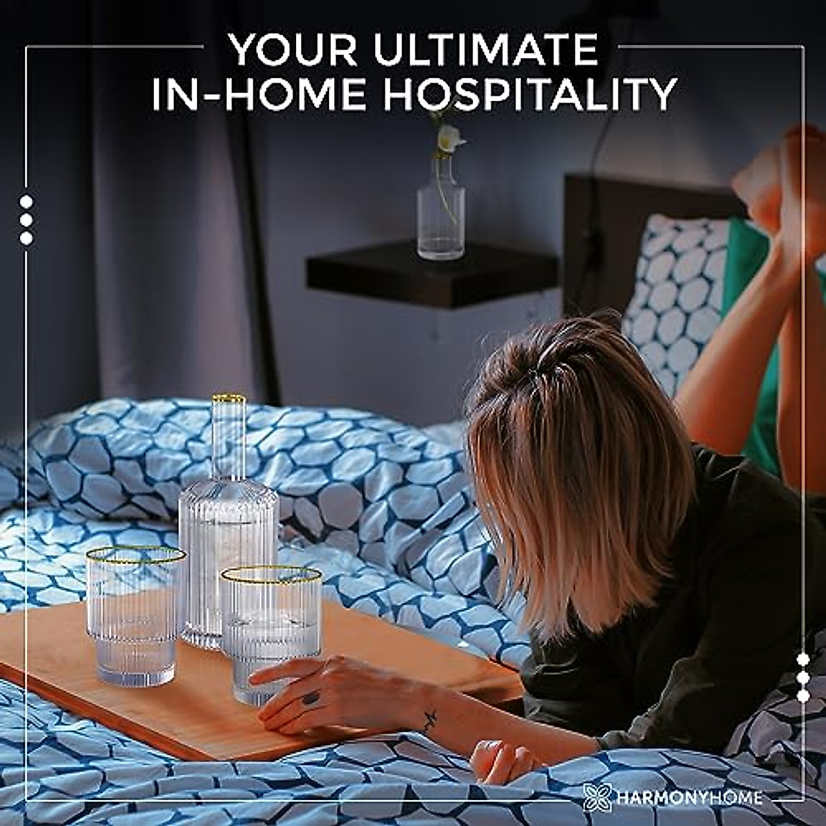 Harmony Home Bedside Water Carafe And Glass Set - 4 Piece Hand Crafted Fluted Borosilicate Glass w/Gold Rim & BONUS Bud Vase| Bedside Carafe |Carafe w/Cup| Carafe Bedside |Bedside Water Decanter