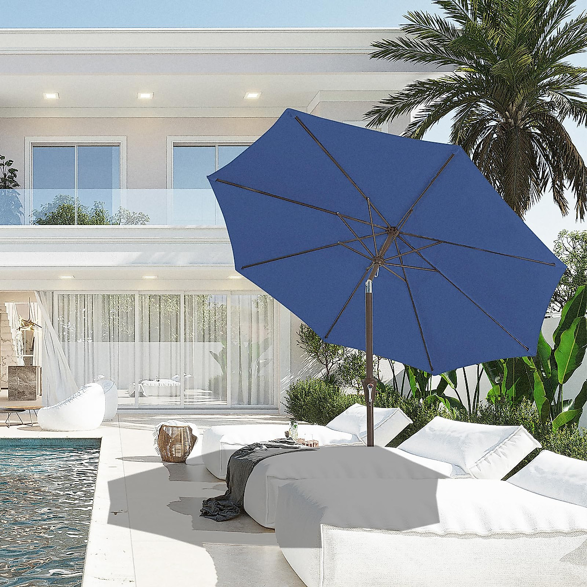 JEAREY 9FT Outdoor Patio Umbrella Outdoor Table Umbrella with Push Button Tilt and Crank, Market Umbrella 8 Sturdy Ribs UV Protection Waterproof for Garden, Deck, Backyard, Pool (Dark Blue)