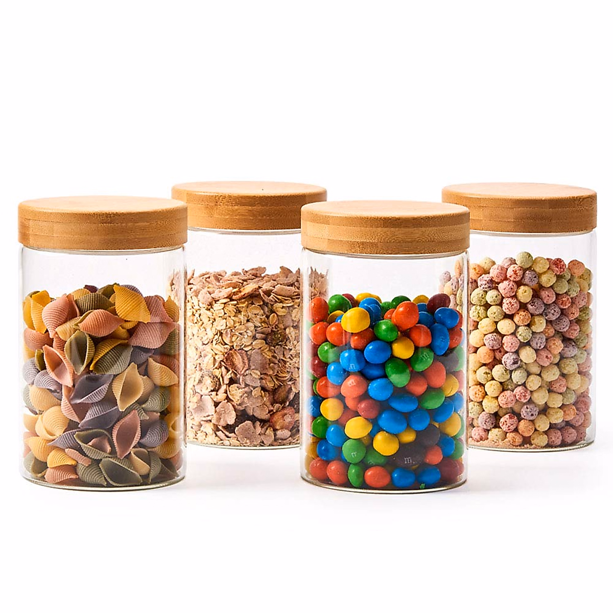 EZOWare Set of 4 Airtight Glass Jars, 46 Fl oz Large Storage Clear Canister Container Set with Bamboo Lid for for Storing Candy, Cookie, Rice, Sugar, Flour, Spices, Nuts, Coffee, Pasta