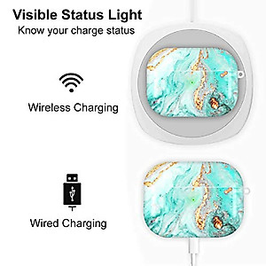 A-Focus Compatible with AirPods Pro Case Marble, Blue Green Marble Texture Smooth IMD Design Series Shock Proof Flexible Slim TPU Cover Case with Carabiner for AirPods Pro Glossy Blue Green