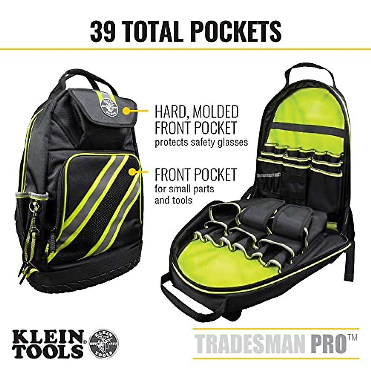 Klein Tools 55597 Tool Bag Backpack, Tradesman Pro Tool Organizer with 39 Pockets, Reflective Hi Viz, Padded Shoulder Straps, Molded Base