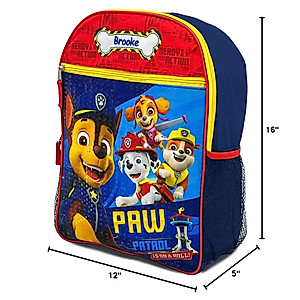 DIBSIES Personalized 16" Paw Team - Chase, Marshall, Rubble, and Skye Is On A Roll Backpack with Bonus Lunch Bag, Carabiner Clip, and Character Dongle