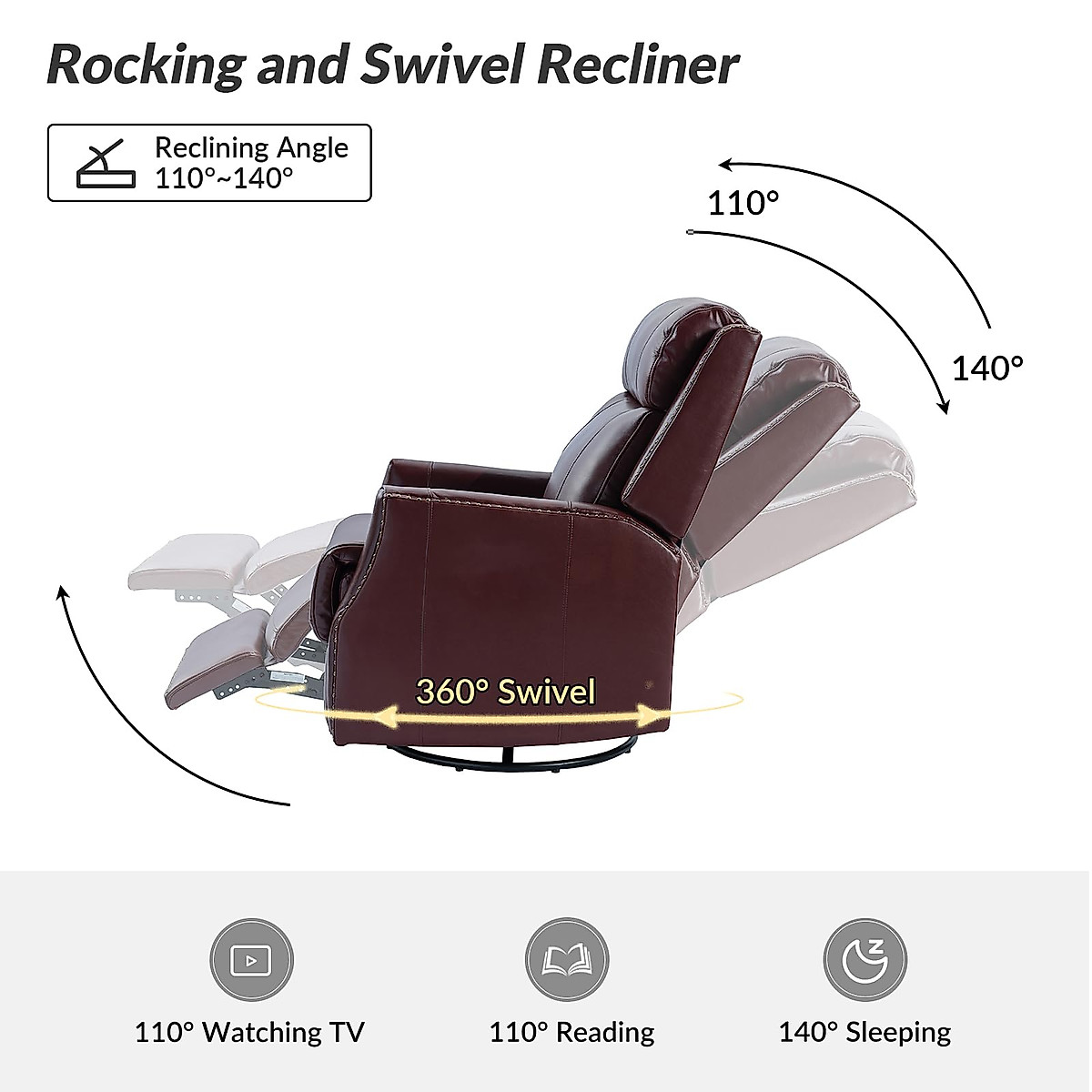 HULALA HOME Genuine Leather Swivel Rocker Recliner with Metal Base, Manual Glider Recliner Chair with Adjustable Backrest & Footrest, Modern Home Theater Sofa Chair for Living Room, Burgundy