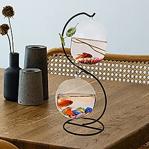 OUNONA Desktop Hanging Glass Fish Tank Mini Dual Aquarium Glass Betta Fish Bowl Clear Fish Cylinder Bowl with Iron Stand Planter Terrariums Tabletop Hydroponics Vase for Home Office B