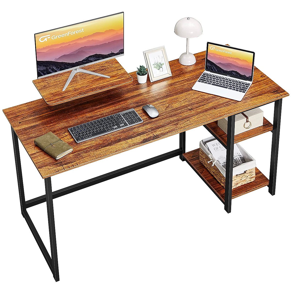 GreenForest Computer Home Office Desk with Monitor Stand and Reversible Storage Shelves,55 inch Modern Simple Writing Study PC Work Table,Walnut