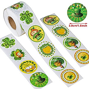 500 PCS St Patricks Day Stickers Labels Roll,Shamrock Roll Stickers Shamrock Hat Beer Leprechaun Self-Adhesive Stickers for Irish Decoration and Craft