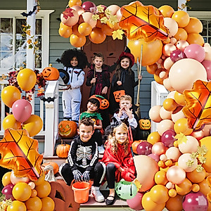 RUBFAC 158pcs Fall Balloons Garland Kit, 18/12/10/5 Inch Orange Balloons with Gold Maple Leaves for Autumn Harvest Theme Party Birthday Thanksgiving Party Decorations