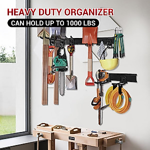 LADER 48 Inches Adjustable Garage Organization, 13 PCS Garage Tool Organizer Wall Mount, Garage Shelving with 8 Adjustable Hooks and 3 Rails, Tool Organizer Rack with Heavy Hook Tracks Max Load 1000LB