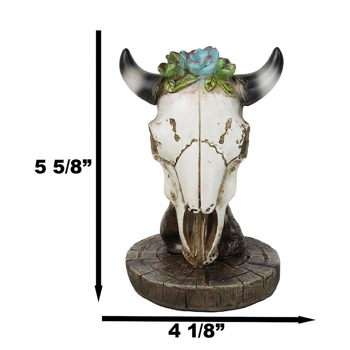 Ebros Gift Southwest Aged Bone Bull Cow Steer Head Skull with Floral Succulents Sculpture On Round Wooden Slice Base As Bisons Steers Cows Fossil Faux Taxidermy Rustic Western Decor Sculpture