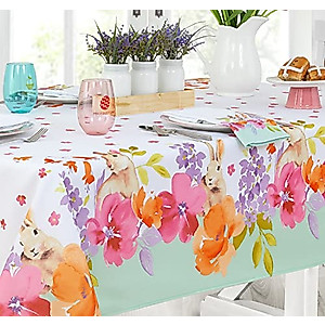 Newbridge Bunny Flower Fields Easter and Spring Fabric Double Bordered Tablecloth - Cute Bunny Rabbit and Vivid Pastel Floral Easy Care, Stain Resistant Fabric Tablecloth, 60” x 84” Oval