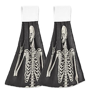 Halloween Human Skeleton Hanging Kitchen Towels 2 Pieces Skull Rock and Roll Dish Cloth Tie Towels Hand Towel Tea Bar Towels for Bathroom Farmhous Housewarming Tabletop Home Decor