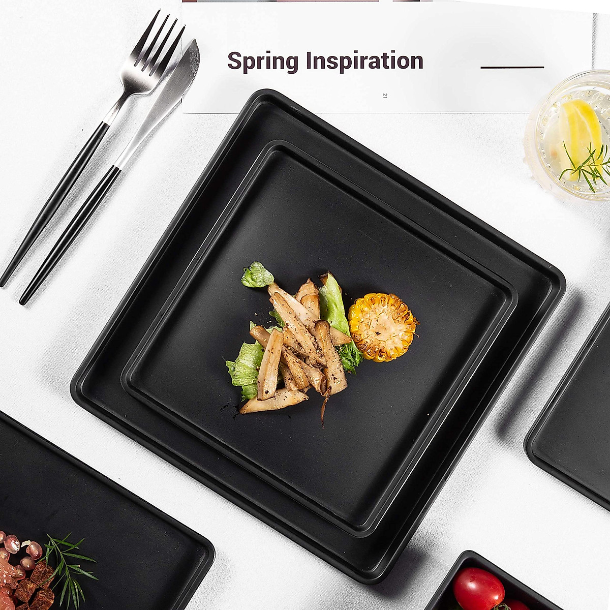 Yinshine Melamine Dinnerware Sets - 12pcs Square Plates and Bowls Set, Dishes Set, Black