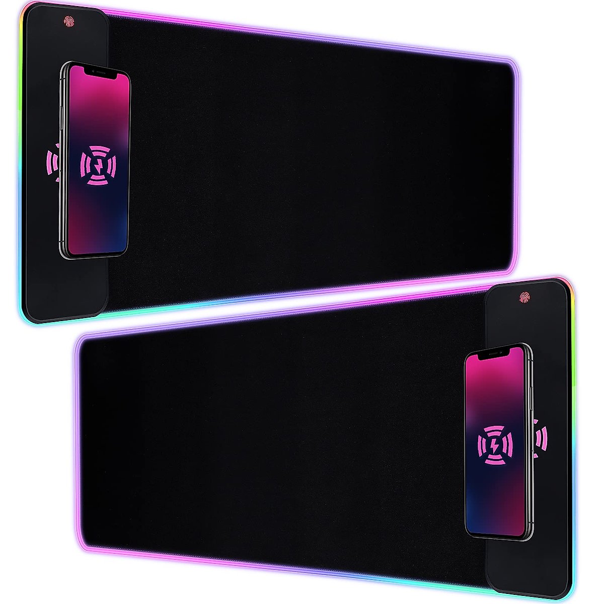 Macarrie 2 Pcs Charging Mouse Pad Cool Mouse Pad with 15w 31.5 x 11.8 x 0.2'' Fast Charging Extended Large LED Gaming Mousepad RGB Mouse Pad Non Slip Wireless Keyboard Pad for Office Desks