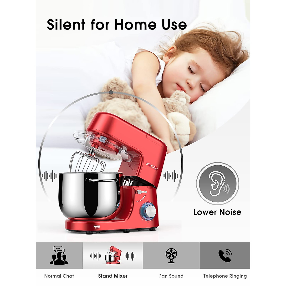 8.5 QT Double Handle KUCCU Stand Mixer, 6 Speed with Pulse Electric Kitchen Mixer, 660W Tilt-Head Food Mixer with Dishwasher-Safe Dough Hook, Flat Beater, Whisk, Splash Guard for home baking (Red)