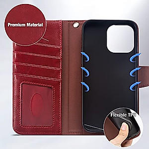Arae Compatible with iPhone 14 Pro Max Case Wallet Flip Cover with Card Holder and Wrist Strap for iPhone 14 Pro Max 6.7 inch-Wine Red