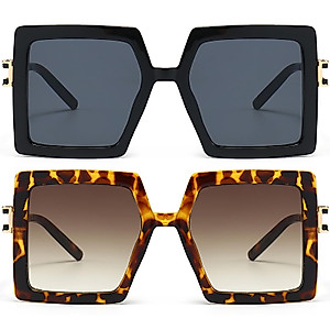 AIEYEZO Oversized Sunglasses for Women Square Fashion Big Large Frame Sun Glasses UV400 Protection (Black + Leopard)
