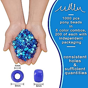 MIIIM 1000PCS 6x9mm Pony Beads Bulk, 5 Styles Blue Pony Beads for Bracelets Making Kit, Kandi Beads, Hair Beads for Braids, Craft Beads for Jewelry Making (Blue)