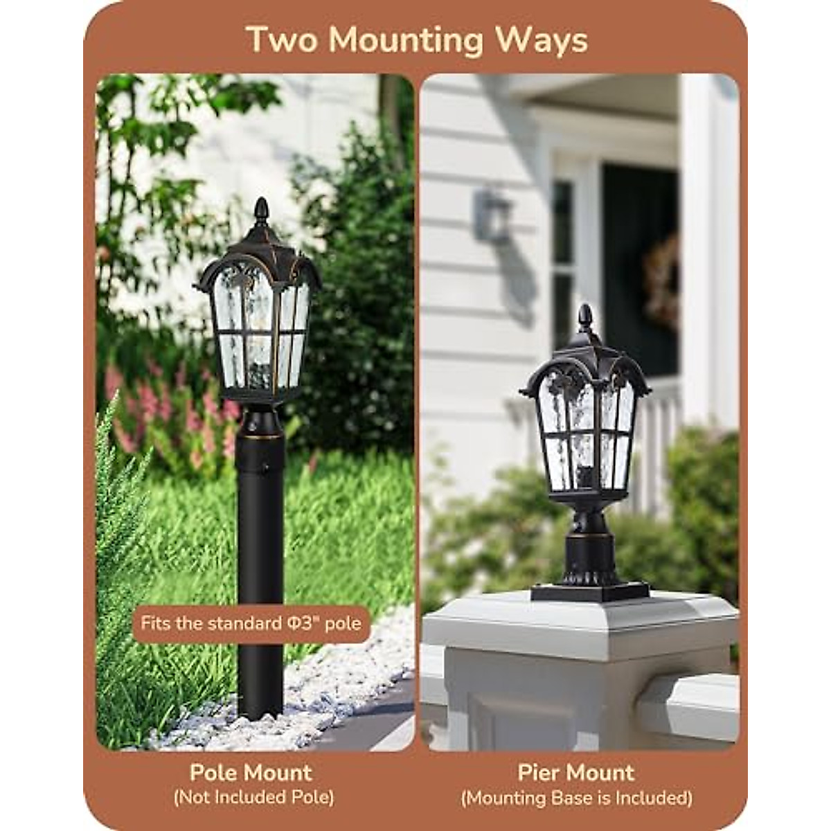 EDISHINE Dusk to Dawn Outdoor Post Light with Pier Mount Base, Black Roman Waterproof Pole Lantern Fixture, Water Ripple Glass Exterior Lamp Post Light for Driverway, Patio, Pathway