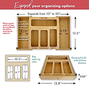 HinterHill Expandable Ziplock Bag Organizer and Kitchen Drawer Organizer, 6-in-1 Plastic Bag Organizer and Foil and Plastic Wrap Organizer with Slide Cutters, Ziplock Organizer with Two Wrap Cutters