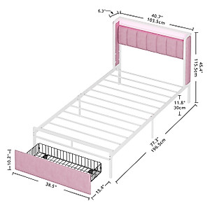 LIKIMIO Twin Size Bed Frame with Armrests Headboard & RGB Light, Upholstered Twin Size Bed Platform with Drawers, No Box Spring Needed, Study & No Noise, Modern Pink