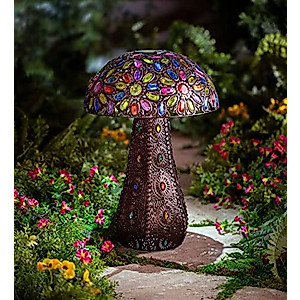 Wind & Weather Metal Solar Lighted Mushroom 13.25-Inch Diameter by 20.5-Inch High Home and Garden Decor Solar Mushroom with Acrylic Beads Glows at Night with Solar Panel