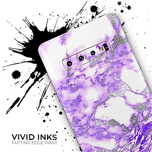DesignSkinz Purple Marble & Digital Silver Foil V9 Protective Vinyl Decal Wrap Skin Cover Compatible with The Samsung Galaxy S20 (Screen Trim & Back Glass Skin)
