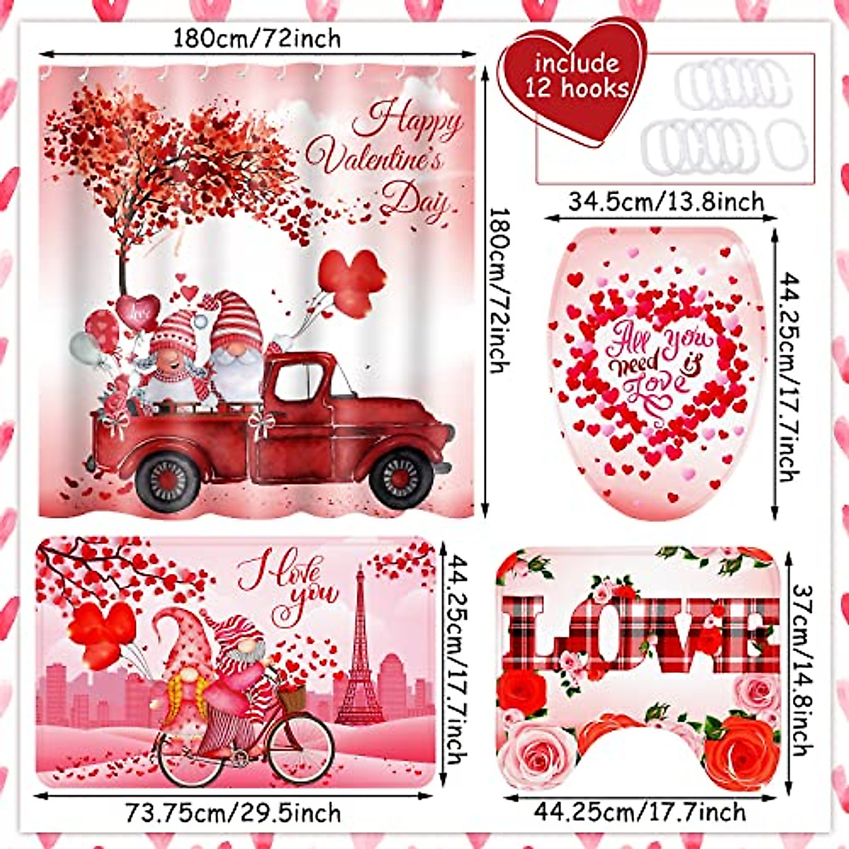 4 Pieces Happy Valentine's Day Shower Curtain Set with Non Slip Rugs Toilet Lid Cover Bath Mat U Shaped Mat Bathroom Gnomes Curtain with 12 Hooks Red Truck Waterproof Shower Curtain Valentines Decor