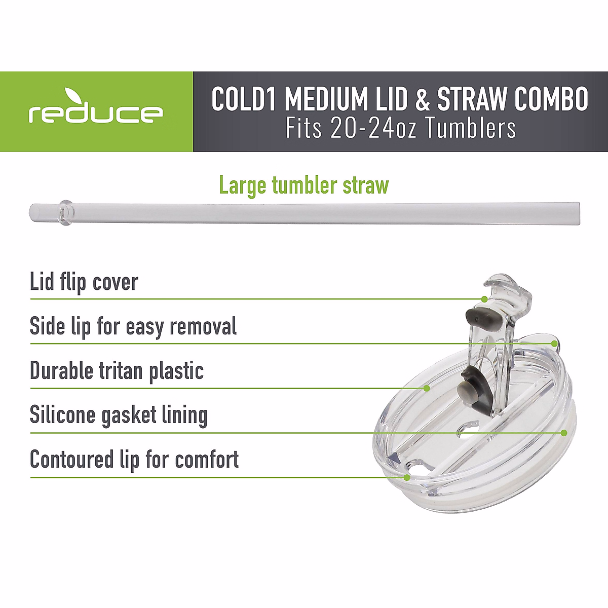 REDUCE brand Cold1 Tumblers or Mugs 20-24oz mouth Replacement Lid (3.5 inch diameter) and Straw (10.6 inch) set, Clear, BPA Free, Dishwasher safe, Durable, Reusable, Spill Proof Lid, Medium