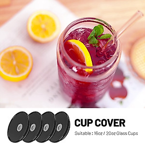 Joyclub 4 Pack Acrylic Lids for 16 oz Glass Cups with Bamboo Lids and Straws Reusable Iced Coffee Cup Beer Can Drinking Glasses for Smoothie Whiskey Boba Soda Tea Gift (Black)