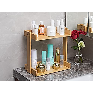 BATKIHO Bathroom Countertop Organizer, 2-Tier Bamboo Vanity Skincare Perfume Organizer, Bathroom Perfume Trays for Makeup Organization and Decor