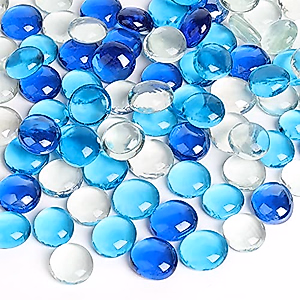 FUTUREPLUSX Flat Glass Marbles 1Lb, 100PCS Fill 0.3L Vol. Premium Blue Mixed Color Flat Gems Fish Tank Rocks Vase Filler Beads Table Scatter Décor