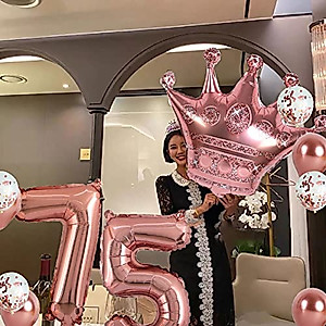 KUNGOON 75th Birthday Balloon,Rose Gold Number 75 Mylar Balloon,Funny 75th Birthday/Wedding Anniversary Crown Aluminum Foil Balloon Decoration for Women/Men.