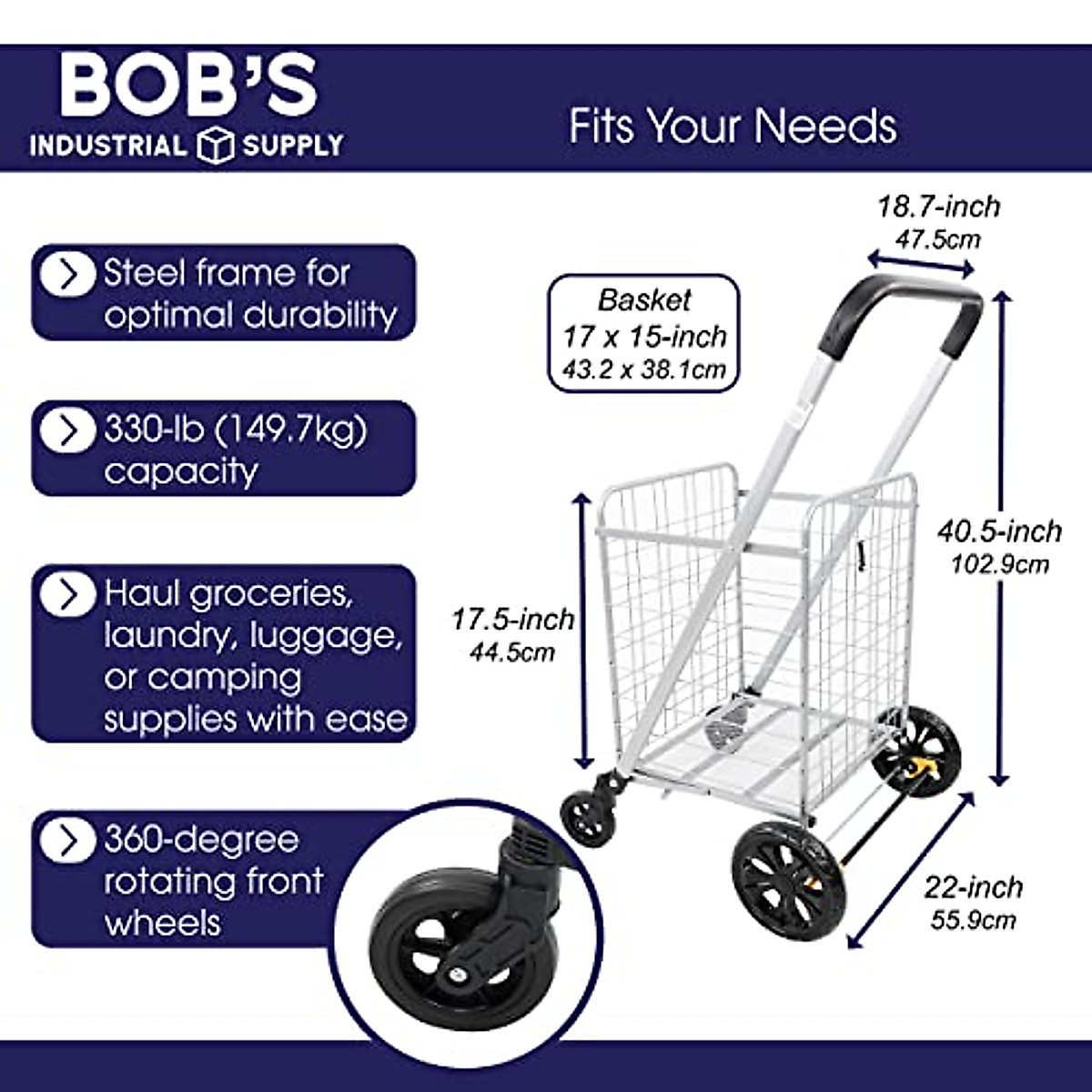 BISupply Foldable Shopping Cart with 360° Swivel Castor Wheels - Lightweight Heavy Duty Utility Grocery Cart with 330 lbs Weight Capacity for Groceries, Laundry, Luggage, Travel, and Tailgating