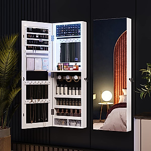 FREDEES LED Jewelry Mirror Cabinet with 42.52" Tall Door Mirror,Lockable Wall Mounted Jewelry Organizer, Full Length Mirror Jewelry Cabinet,2 Small Storage Boxes (White)