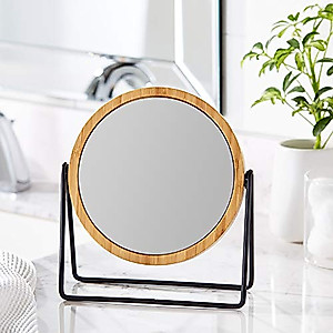 Amazon Basics Vanity Round Mirror with Bamboo Rim, Magnification, Black, 7.56"L x 2.87"W