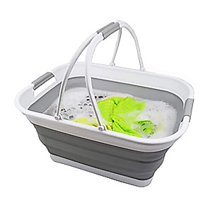 SAMMART 29L(7.6 gallon) Collapsible Tub with Handle-Portable Outdoor Picnic Basket-Space Saving Storage Container,Water capacity 24L(6.3 gallon) (1, White/Grey)