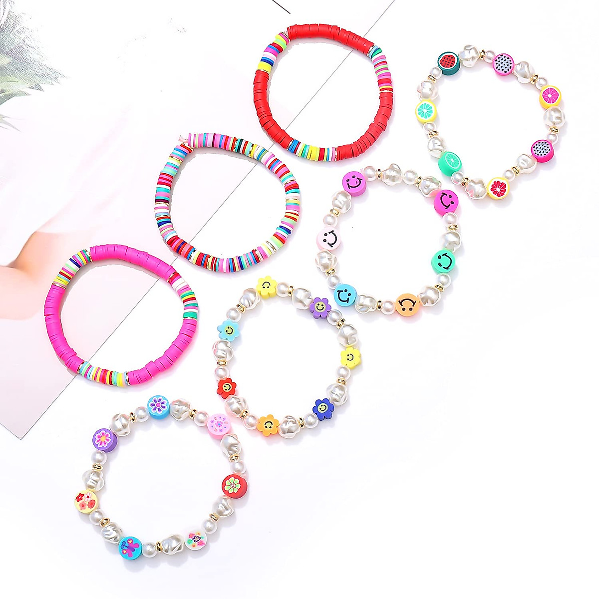 XOCARTIGE Beaded Stretch Bracelets for Women Colorful Clay Fruit Happy Face Bead Bracelet Rainbow Heishi Bracelet Set Stackable Pearl Y2K Bracelets Summer Beach Accessory (7PCS Happy Face Bracelet)