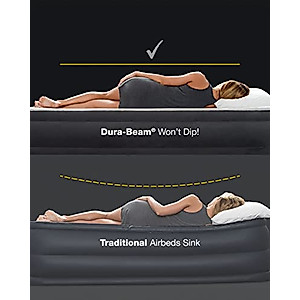 Intex 64779E Dura-Beam Standard Prestige Air Mattress: Fiber-Tech – Queen Size – Hand-Held Battery Pump – 10in Bed Height – 600lb Weight Capacity