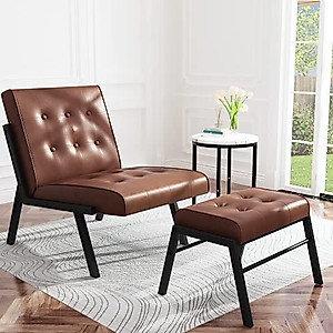 AWQM Accent Chair with Ottoman,Faux Leather Living Room Chair,Upholstered Single Sofa Chair Set with Metal Legs, Button Tufted Lounge Chair with Footrest, Reading Chair for Bedroom Office,Brown