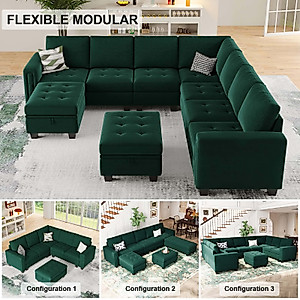 Belffin Oversized Velvet Modular 8-Seat Sectional Sofa Set with Storage Ottoman U Shaped Couch Set Modular Sectional Convertible Sofa Couch with Reversible Chaise Corner Sofa Couch Set Green