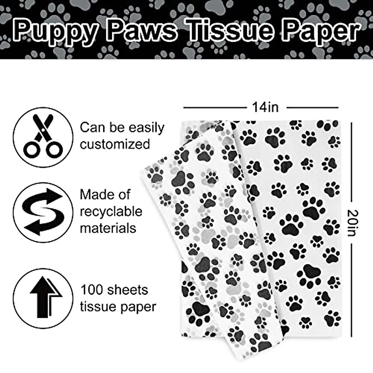 Whaline 100 Sheet Pet Paw Print Tissue Paper White Black Wrapping Paper 14 x 20in Cute Gift Wrapping Tissue Paper Dog Paw Art Paper Crafts for Pet Treat Party Favors DIY Decoration