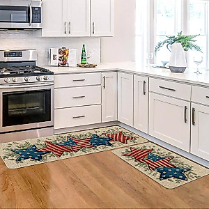 Artoid Mode American Flag Stars Eucalyptus Patriotic 4th of July Kitchen Mats Set of 2, Home Decor Kitchen Rugs for Floor - 17x29 and 17x47 Inch