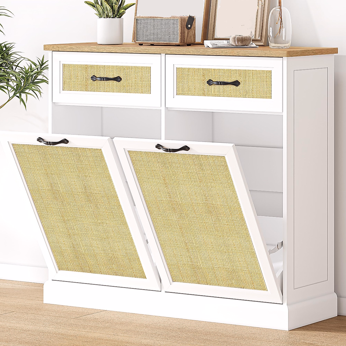 Double Tilt Out Kitchen Trash Cabinet,Freestanding Trash Cabinet with Countertop and Drawer,Wooden Pet Proof Recycling Cabinet, Hideaway Trash Holder for Home Kitchen Bathroom Living Room Single